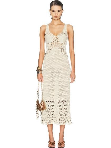 Rabanne Sleeveless Crochet Midi Dress With Plastic Embellishments - Ecru