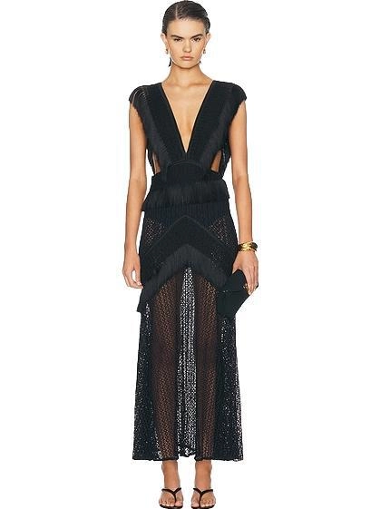PatBO Ayla Fringe Plunge Maxi Dress - Black
