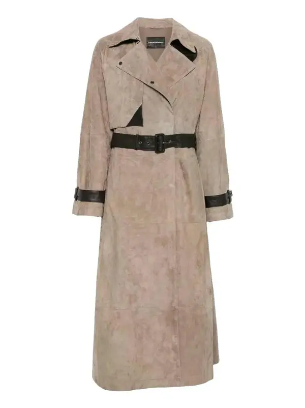 Emporio Armani Belted Suede Trench Coat - Neutrals