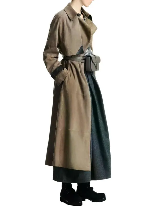 Emporio Armani Suede Trench Coat With Leather Trim - Neutrals