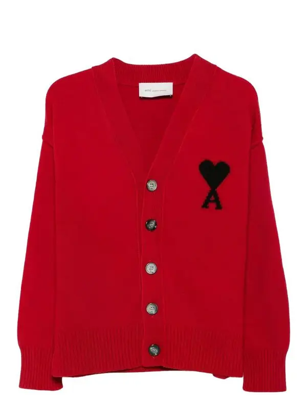 AMI Paris V-neck Cardigan With De Coeur Motif - Red
