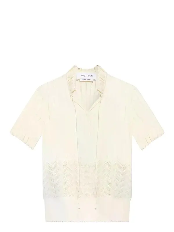 Alexander McQueen Ivory Pointelle Knit Top With Ruffled Mock Neck - Neutrals