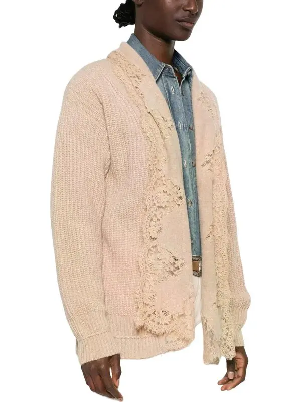 ERMANNO FIRENZE Lace Trim Ribbed Knit Cardigan - Neutrals