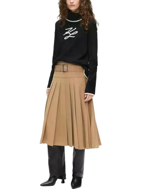 Karl Lagerfeld Pleated Midi Skirt With Belt - Neutrals