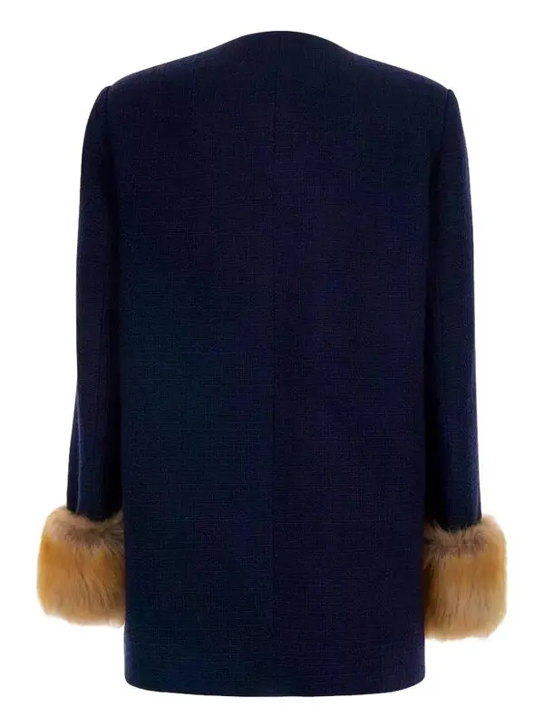 Valentino Garavani Wool Tweed Caban With Shearling Cuffs - Blue