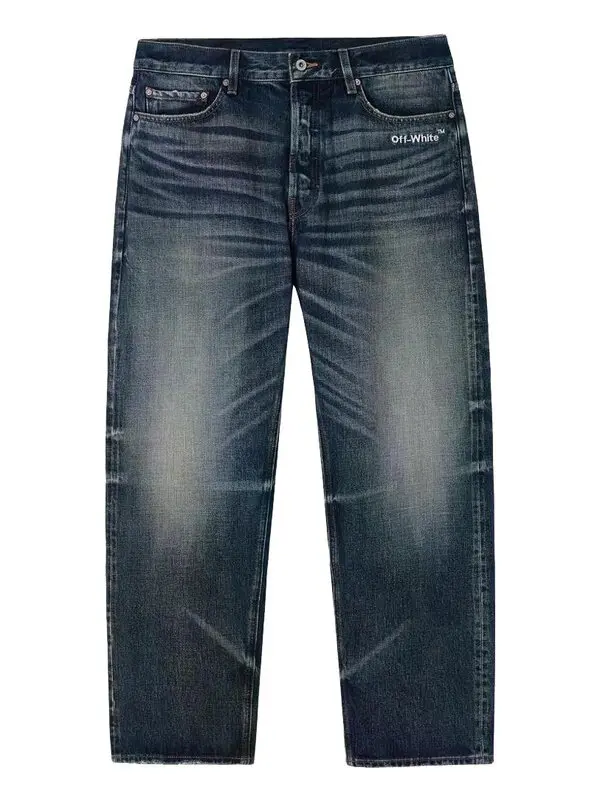 Off-White Diagonals Logo-print Whiskered Straight-leg Jeans - Blue