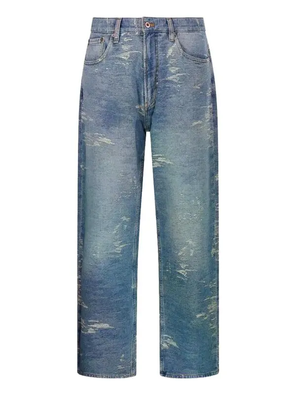 Emporio Armani Distressed Stone Washed Wide-leg Denim Jeans - Blue