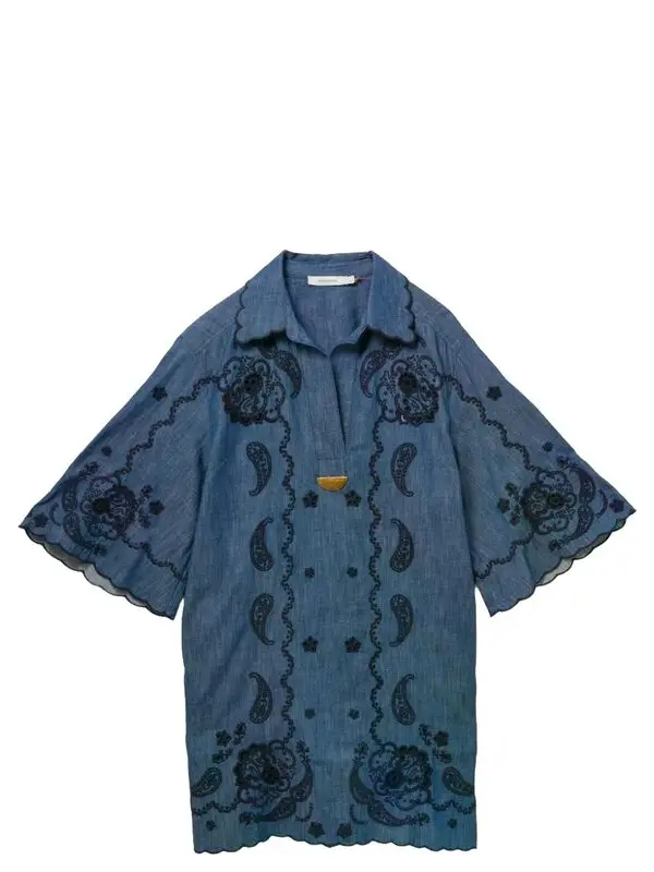 Zimmermann Paisley Embroidered Scalloped Edge Dress - Blue