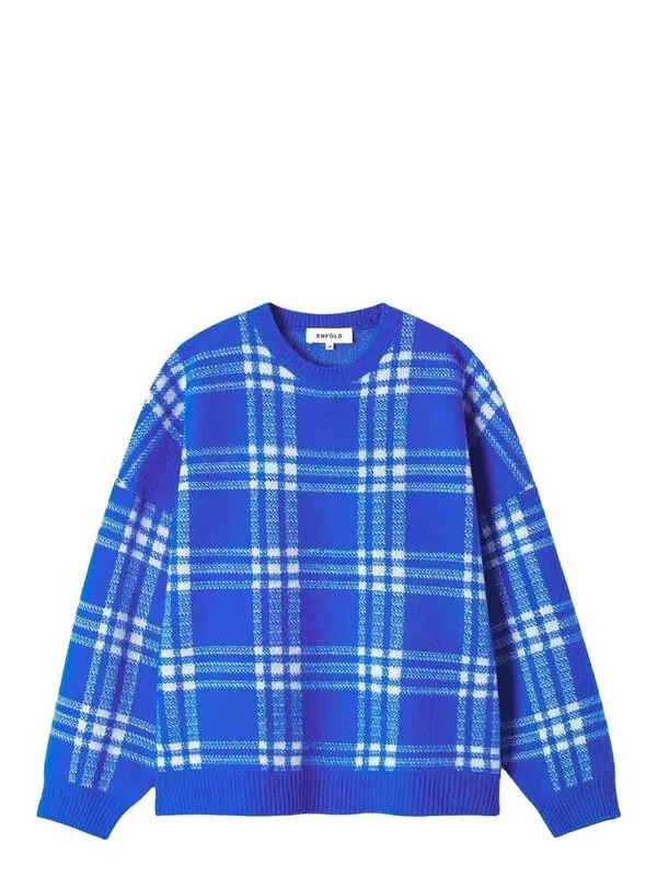 ENFOLD Check Intarsia Knit Crew Neck Sweater - Blue