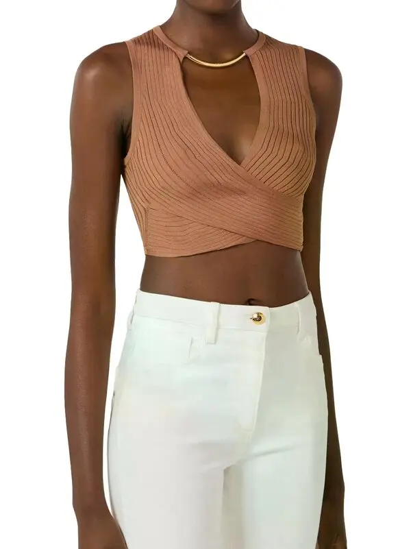 Elisabetta Franchi Ribbed-knit Wrap-front Cropped Top - Brown