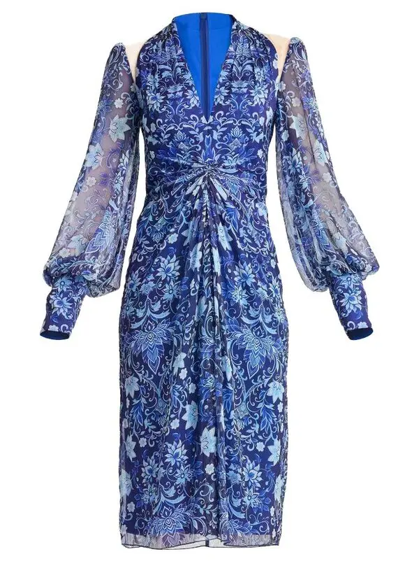 Tadashi Shoji Floral Print V-neck Cold-shoulder Midi Dress - Blue