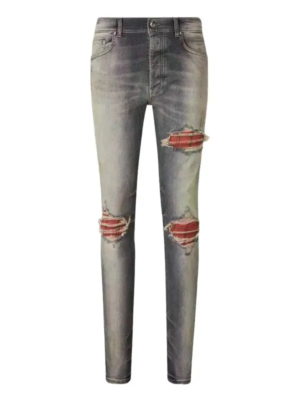Amiri Distressed Checked-panel Jeans - Grey