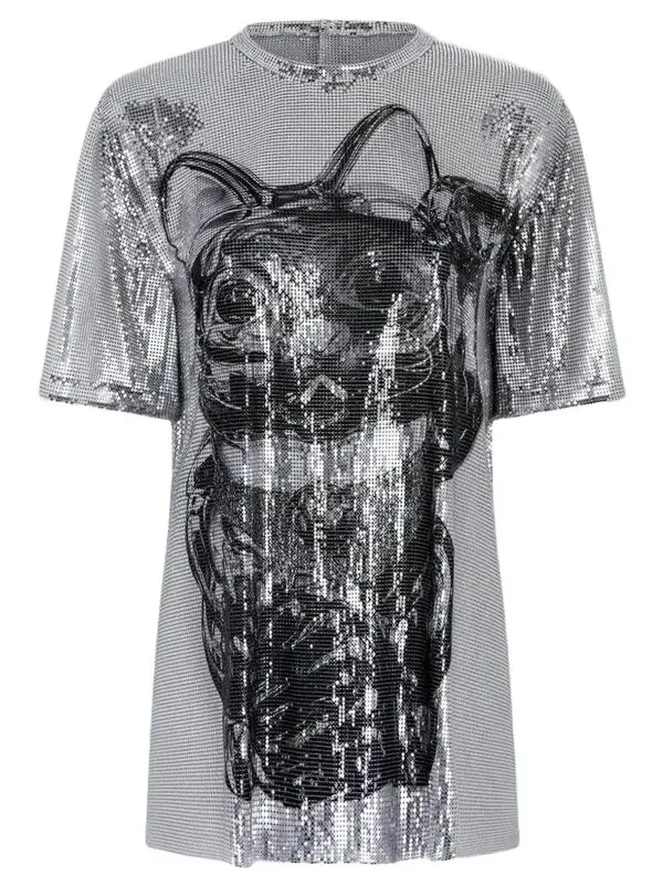 Rabanne Tone Chainmail Effect Cat Print Mini Dress - Silver