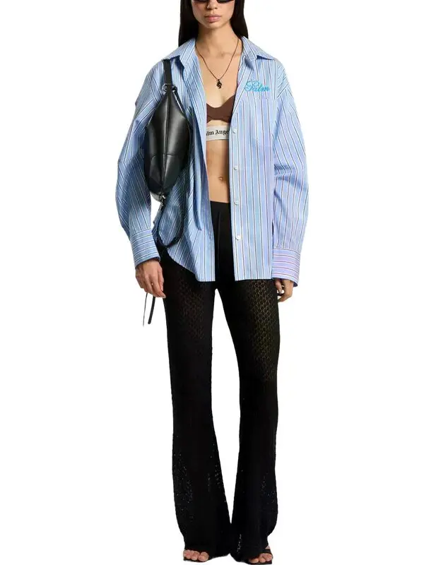 Palm Angels Striped Oversized Shirt With Embroidered Logo - Blue