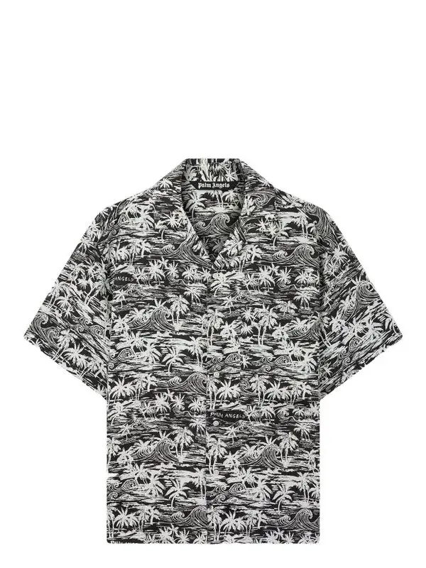 Palm Angels Palm Waves Linen Bowling Shirt - Black