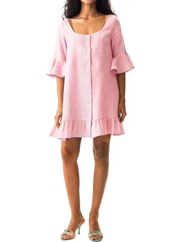 Sleeper Marseille Ruffled Linen Short Dress - Pink
