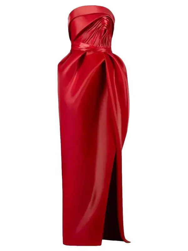 GABY CHARBACHY Strapless Gown With Pleated Bodice And Front Slit - Red