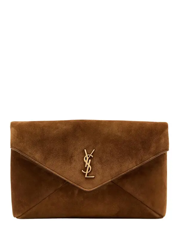 Saint Laurent Large Envelope Pouch In Suede And Satin - Brown