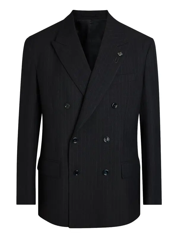 LARDINI Pinstriped Double-breasted Wool Blazer - Black