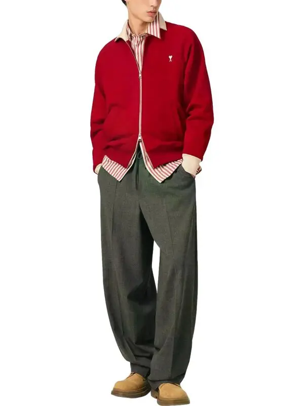 AMI Paris Zipped Cotton Sweatshirt With De Coeur Embroidery - Red
