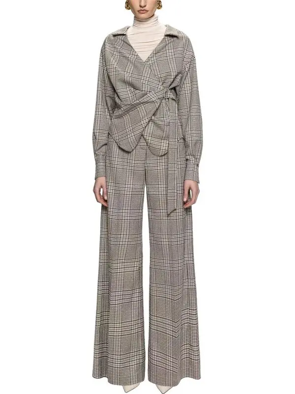 NISSA Checked Wrap Shirt With Spread Collar And Curved Hem - Grey