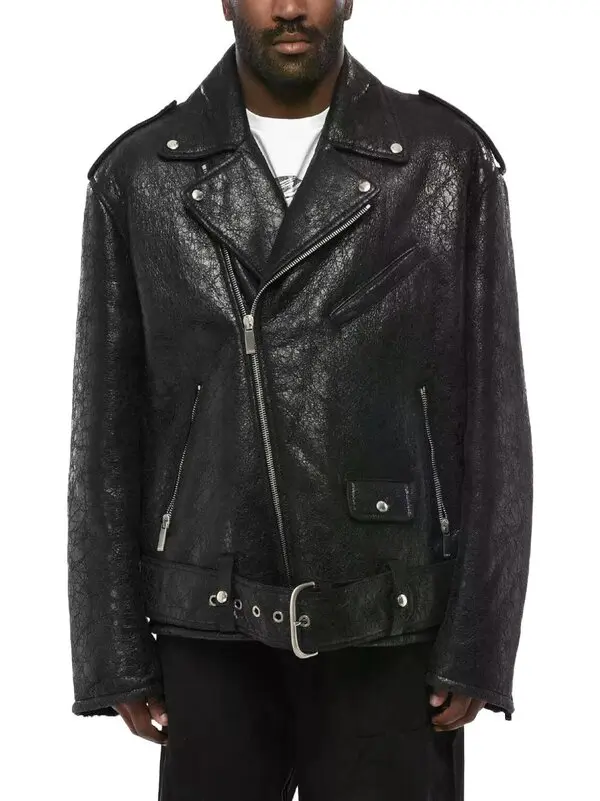 Off-White Shearling Biker Jacket With Vintage Effect - Black