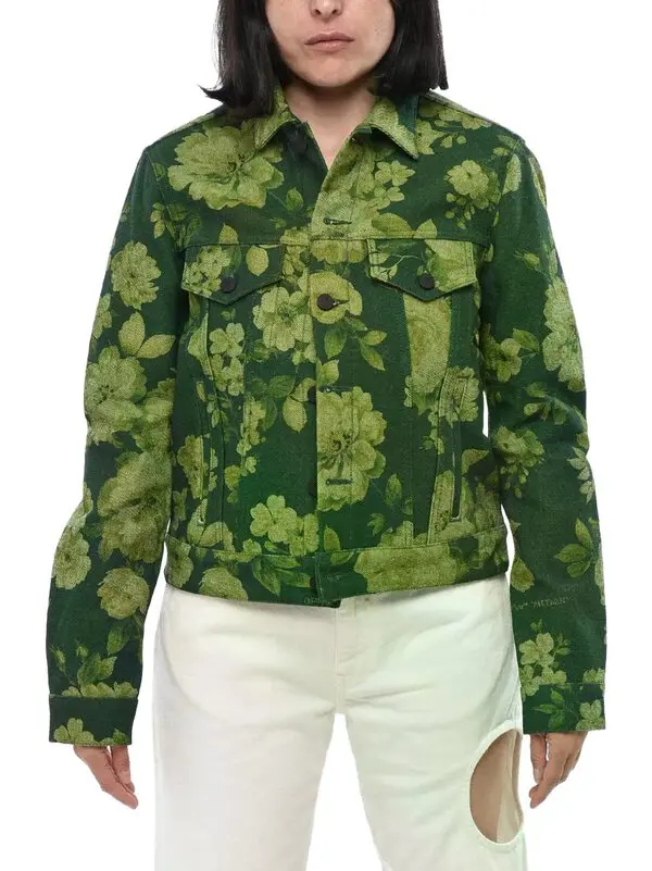 Off-White Floral Print Denim Jacket - Green