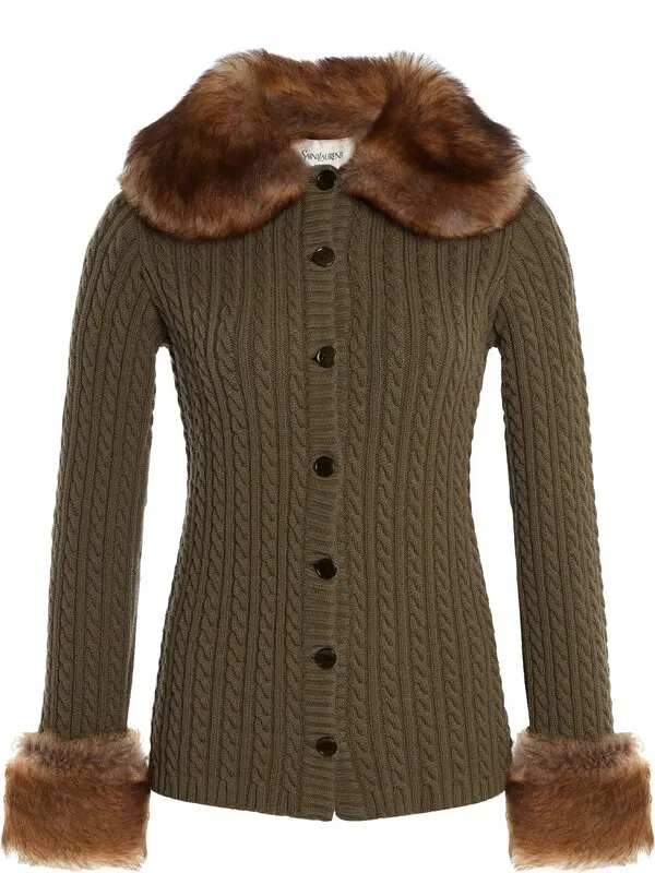Saint Laurent Cashmere Cable Knit Cardigan With Fur Trim - Neutral