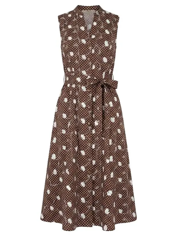 YUMI Sleeveless Cotton Floral Polka Dot Midi Shirt Dress - Brown