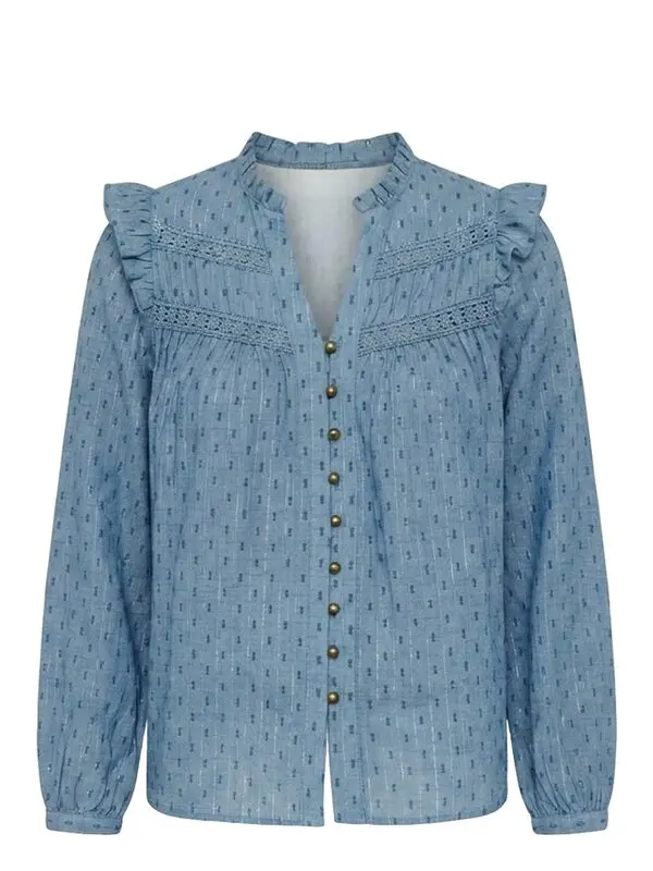 YUMI Cotton Textured Spot Shirt With Lace Detail - Blue