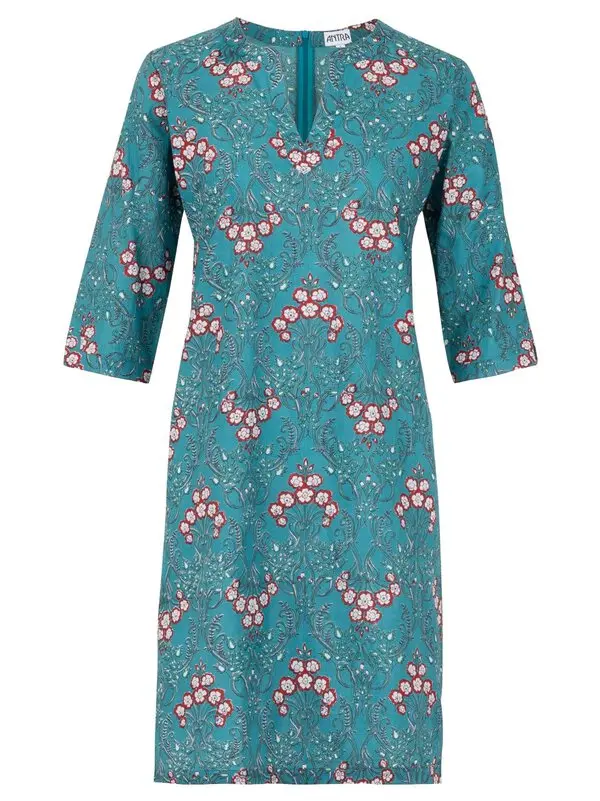 ANTRA DESIGNS Printed V-neck Tunic Dress - Blue