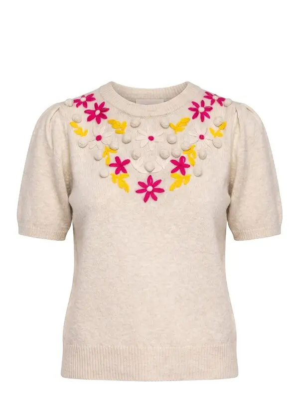 TANTRA SPAIN SL Short-sleeved Sweater With Embroidered Flowers - Beige