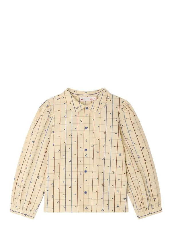Bonpoint Cotton Check Blouse With Embroidered Cherries - Beige