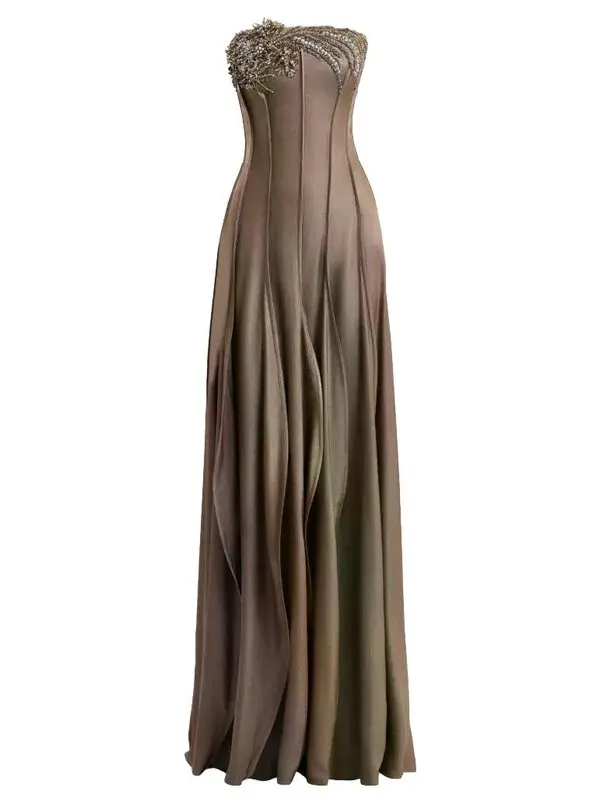 GEMY MAALOUF Strapless Maxi Dress With Bead Embellishments - Brown