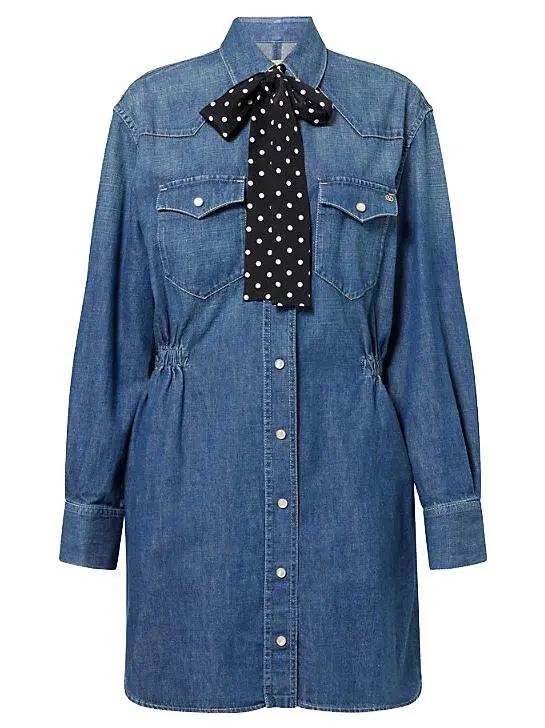 Valentino Garavani Denim Midi Shirt Dress With Polka Dot Scarf Tie - Medium Blue Denim