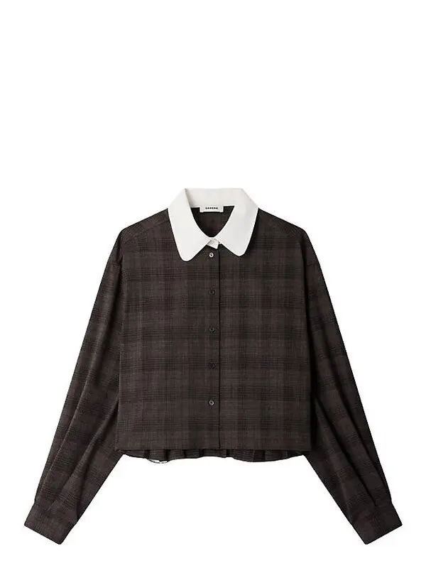 Sandro Checked Woven Shirt With Contrast Collar - Dark Grey