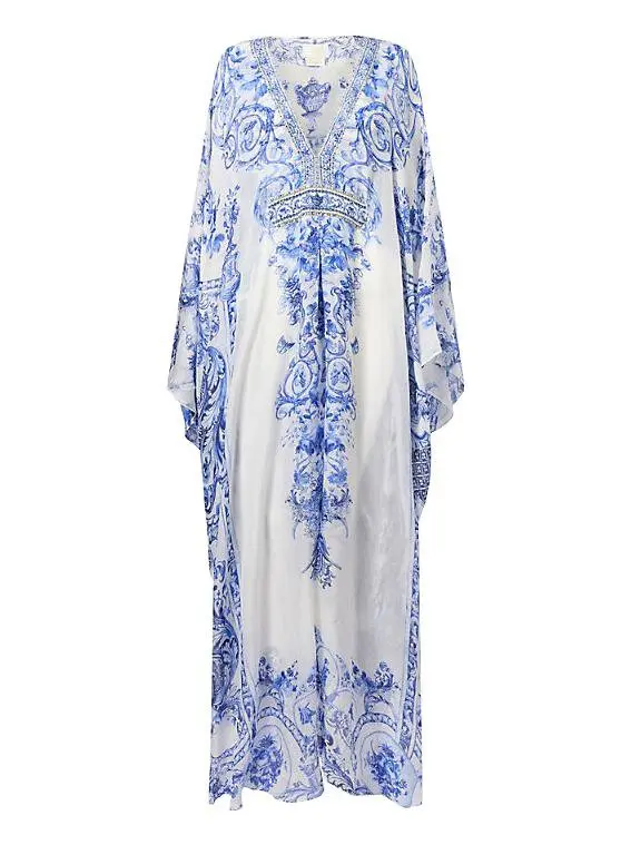 Camilla Porcelain Print V-neck Silk Kaftan - Ceramic Panoramic