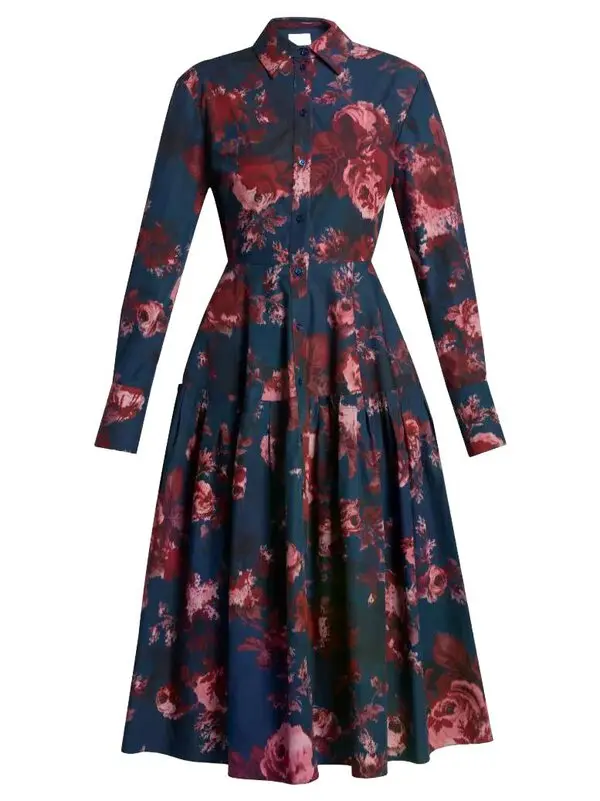 Erdem Floral Print Long Sleeve Shirt Dress - Blue