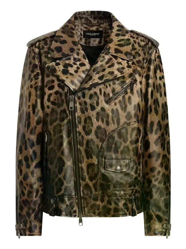 Dolce & Gabbana Leopard Print Leather Biker Jacket - Brown