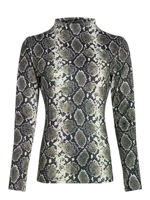 Karl Lagerfeld Mock Neck Long Sleeve Snake Print Top - Black