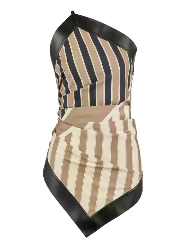 TOD'S Asymmetrical Striped Silk Top With Leather Inserts - Neutrals