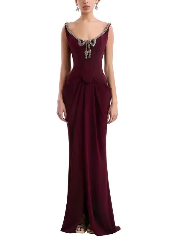 GEMY MAALOUF Beaded Bow Detail Gown - Red