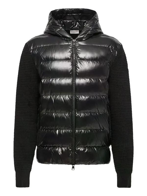 Moncler Quilted Hooded Jacket With Waffle-knit Sleeves - Black