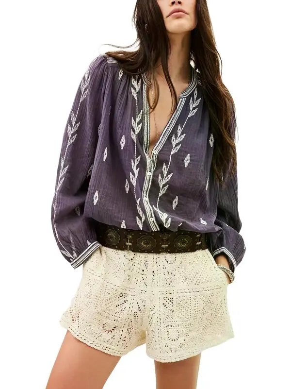 Ba&sh Embroidered V-neck Long Sleeve Shirt - Purple
