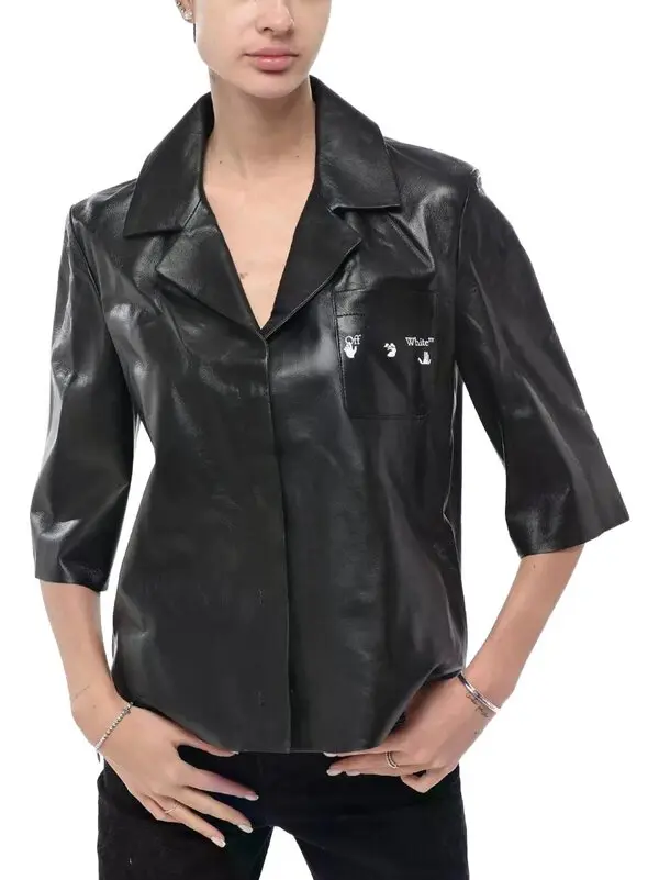 Off-White Leather Bowling Shirt With Snap Buttons And Logo Print - Black