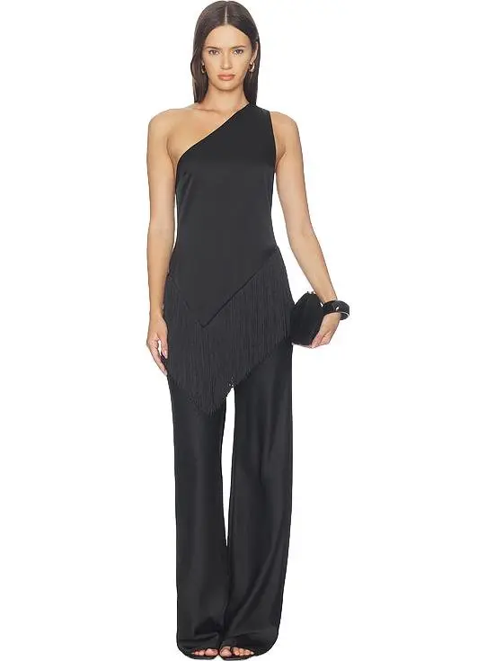 LOVERS AND FRIENDS Satin Fringe Asymmetrical Top - Black
