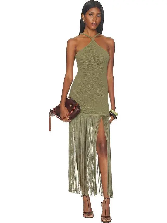 LOVERS AND FRIENDS Alia Halter Fringe Dress - Olive