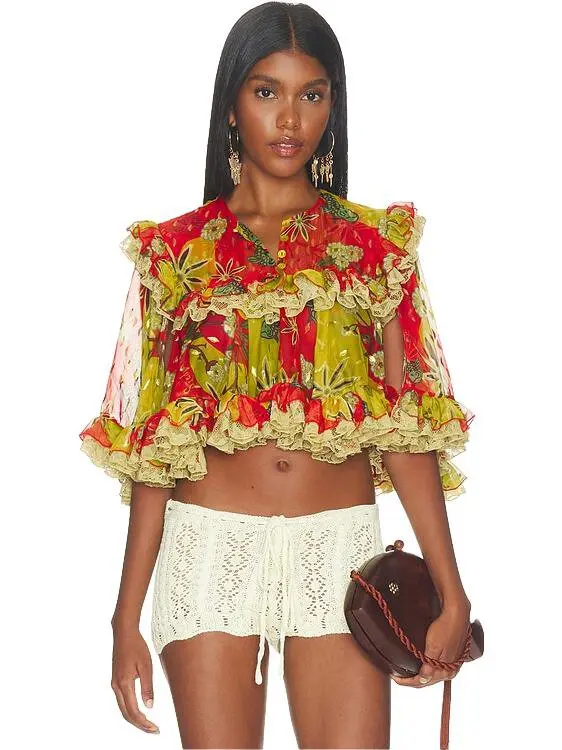 SIEDRES Rosa Cropped Ruffle Chiffon Top - Red