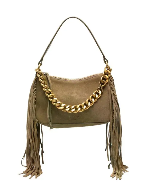 TWINSET Suede Fringe Trim Tote Bag With Gold-tone Chain Strap - Green