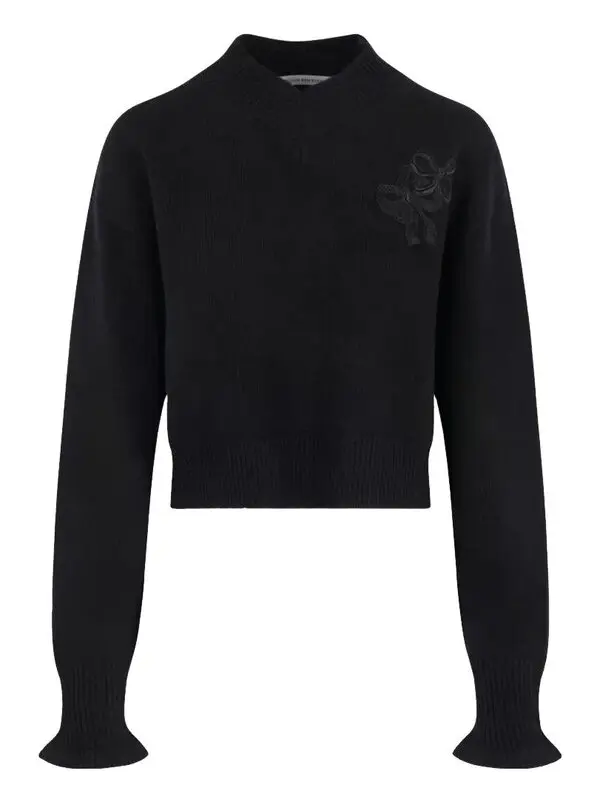 Cecilie Bahnsen Wool Bow-embroidered V-neck Sweater - Black